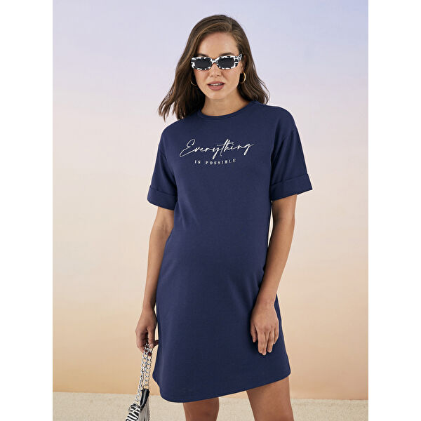 Bisiklet Yaka Baskılı Kısa Kollu Hamile Elbise