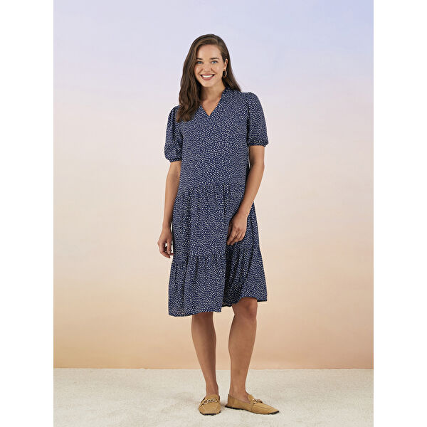 V Yaka Desenli Kısa Kollu Viskon Hamile Elbise