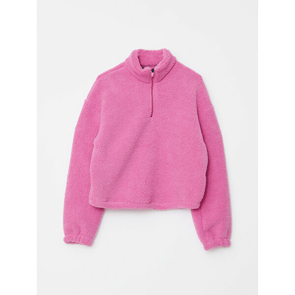 Dik Yaka Düz Uzun Kollu Kadın Pelüş Sweatshirt