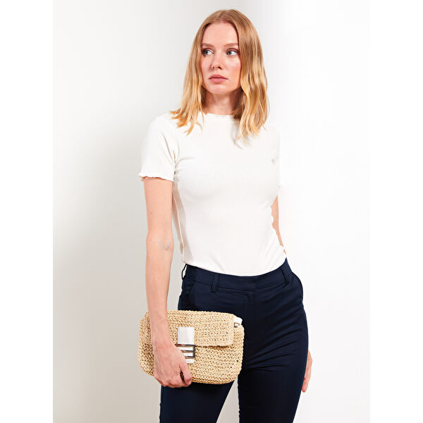 Fırfırlı Dik Yaka Düz Kısa Kollu Kadın Tişört