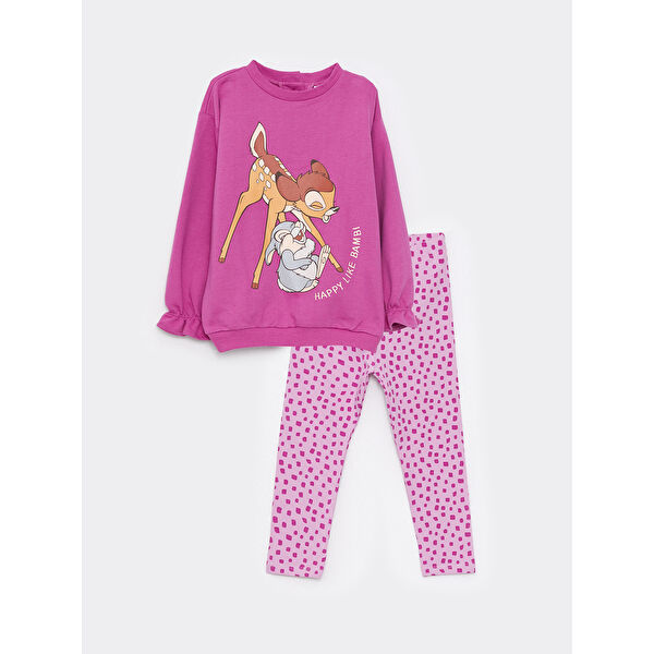 Bisiklet Yaka Uzun Kollu Bambi Baskılı Kız Bebek Sweatshirt ve Tayt 2'li Takım Bisiklet Yaka Uzun Kollu Bambi Baskılı Kız Bebek Sweatshirt ve Tayt 2'li Takım