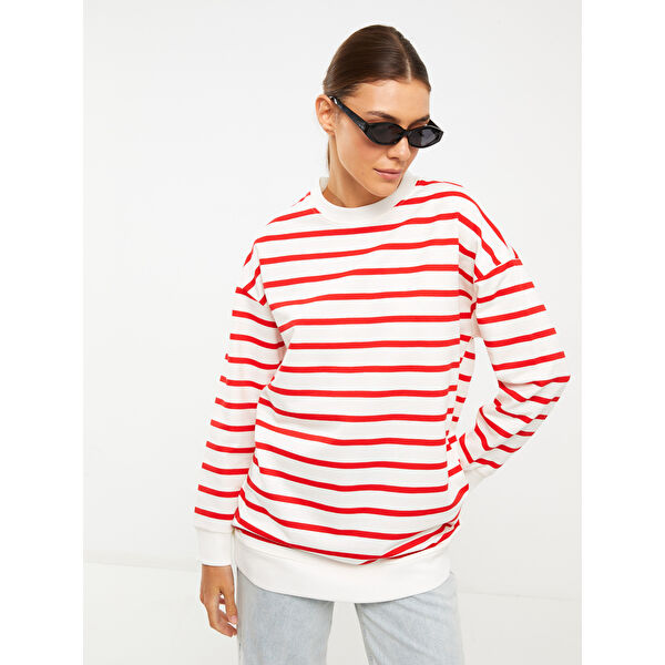 Bisiklet Yaka Çizgili Uzun Kollu Oversize Kadın Tunik