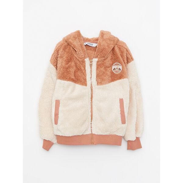 Kapüşonlu Renk Bloklu Uzun Kollu Pelüş Kız Çocuk Fermuarlı Sweatshirt