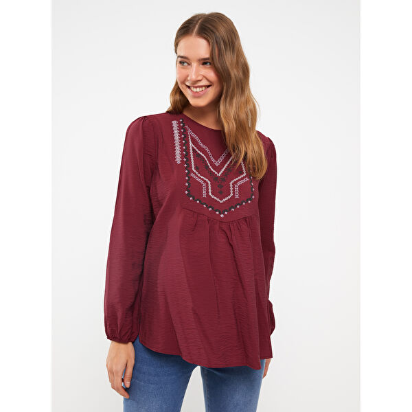 Bisiklet Yaka Nakışlı Uzun Kollu Hamile Bluz Bisiklet Yaka Nakışlı Uzun Kollu Hamile Bluz