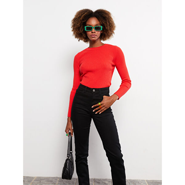 Bisiklet Yaka Düz Uzun Kollu Kadın Triko Kazak