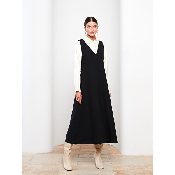 V Yaka Desenli Kolsuz Kadın Elbise