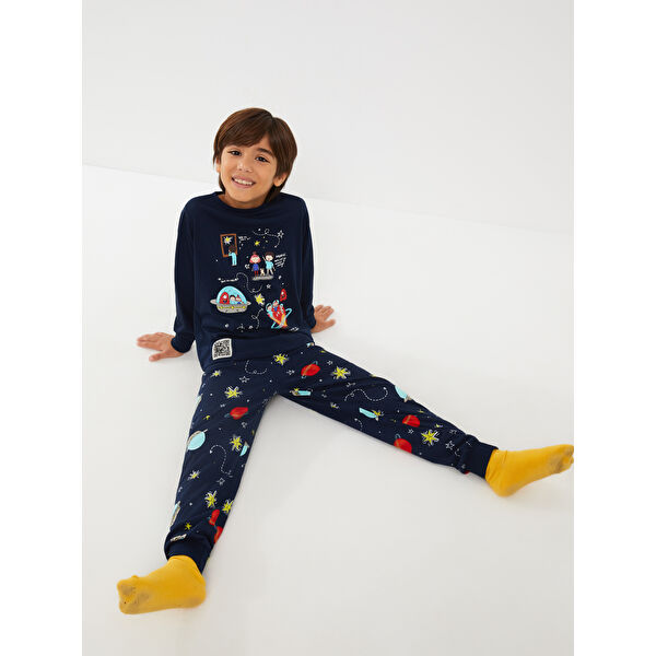 Bisiklet Yaka Baskılı Uzun Kollu Erkek Çocuk Pijama Takımı