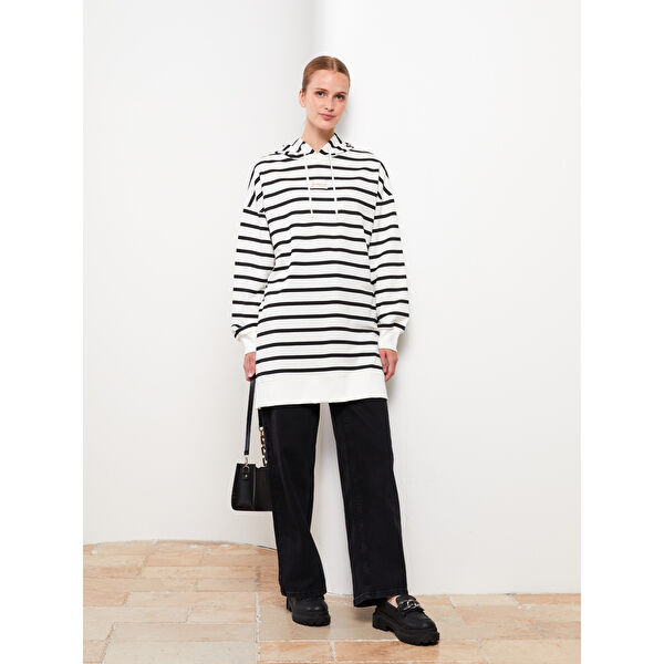 Kapüşonlu Çizgili Uzun Kollu Oversize Kadın Tunik