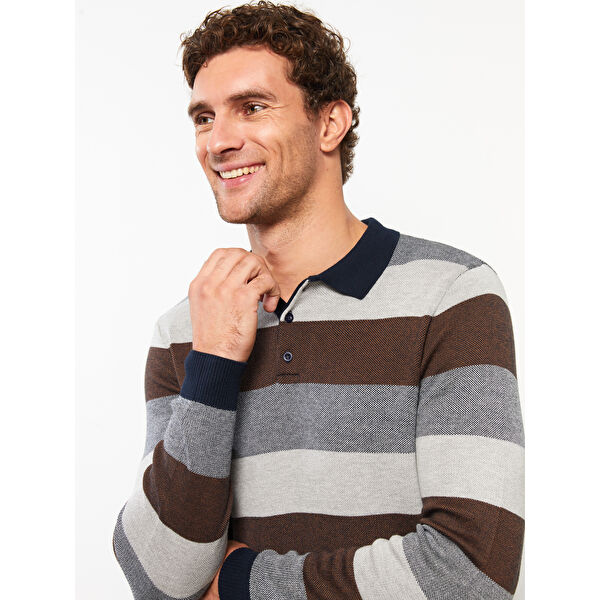 Polo Yaka Uzun Kollu Çizgili Erkek Triko Kazak