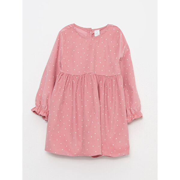 Bisiklet Yaka Uzun Kollu Desenli Kadife Kız Bebek Elbise