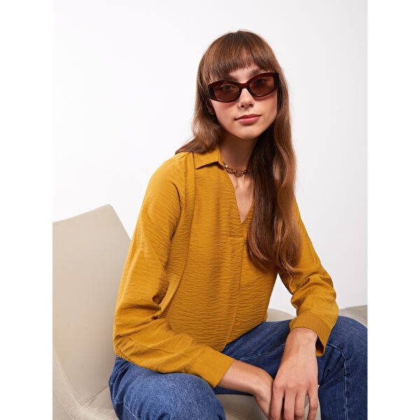 Gömlek Yaka Düz Uzun Kollu Kadın Bluz