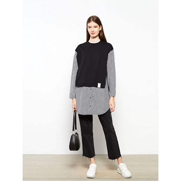 Bisiklet Yaka Ekose Uzun Kollu Oversize Kadın Tunik