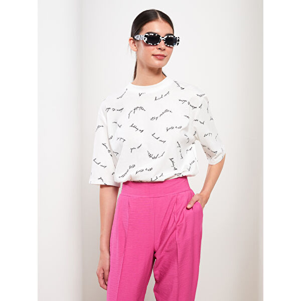 Bisiklet Yaka Desenli Kısa Kollu Oversize Kadın Tunik