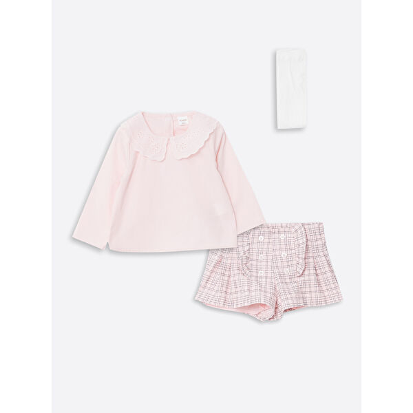 Bebe Yaka Uzun Kollu Kız Bebek Tişört ve Şort 2'li Takım