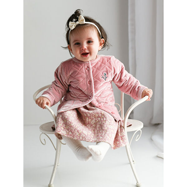 Bisiklet Yaka Uzun Kollu Nakış Detaylı Kız Bebek Mont