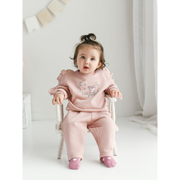 Bisiklet Yaka Uzun Kollu Baskılı Kız Bebek Sweatshirt ve Pantolon 2'li Takım Bisiklet Yaka Uzun Kollu Baskılı Kız Bebek Sweatshirt ve Pantolon 2'li Takım