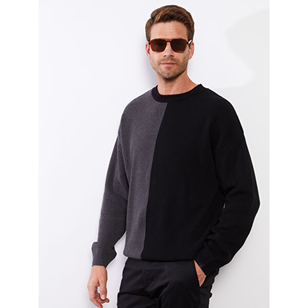 Bisiklet Yaka Uzun Kollu Renk Bloklu Erkek Triko Kazak