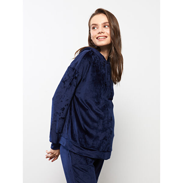 Kapüşonlu Düz Uzun Kollu Kadife Hamile Sweatshirt