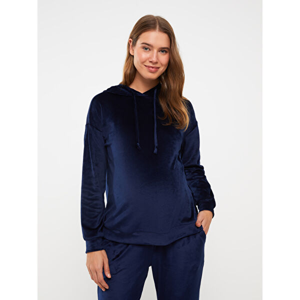 Kapüşonlu Düz Uzun Kollu Kadife Hamile Sweatshirt