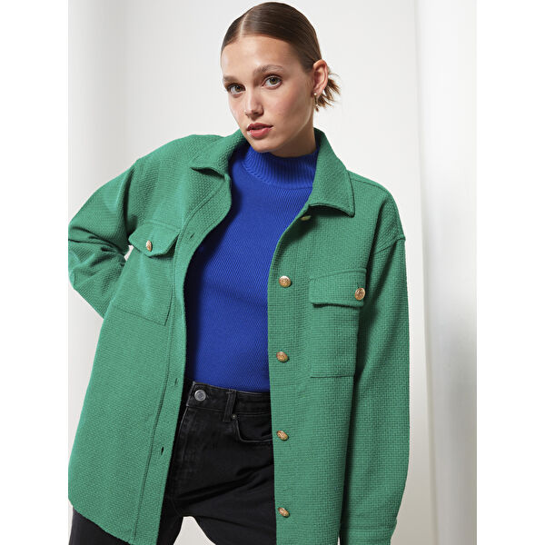 Önden Düğme Kapamalı Düz Uzun Kollu Tüvit Kadın Gömlek Ceket