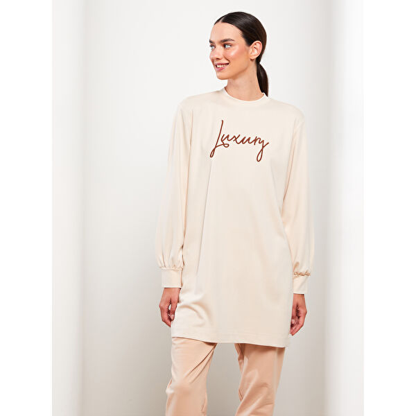 Bisiklet Yaka Nakışlı Uzun Kollu Kadın Tunik