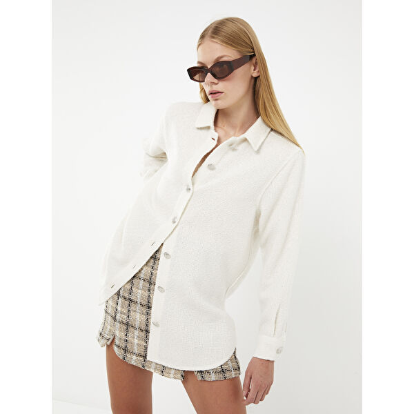 Önden Düğme Kapamalı Düz Uzun Kollu Tüvit Kadın Gömlek Ceket