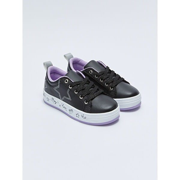 Deri Görünümlü Baskılı Bağcıklı Kız Çocuk Spor Ayakkabı