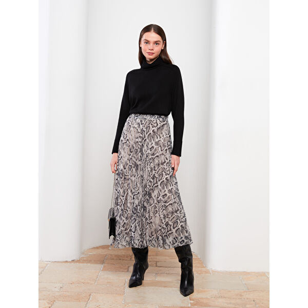 Beli Lastikli Desenli Pileli Kadın Etek