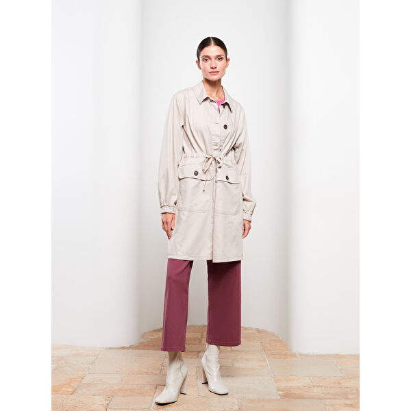 Gömlek Yaka Düz Uzun Kollu Gabardin Kadın Mont