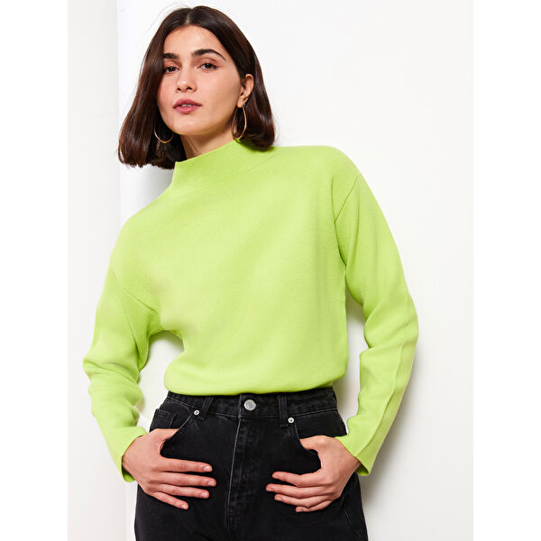 Dik Yaka Düz Uzun Kollu Triko Kadın Kazak