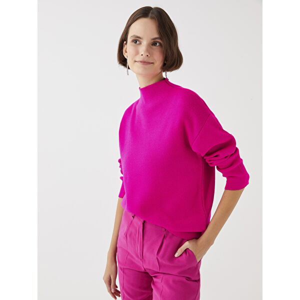 Dik Yaka Düz Uzun Kollu Triko Kadın Kazak