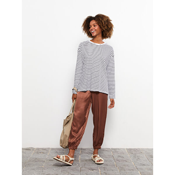 Bisiklet Yaka Çizgili Uzun Kollu Pamuklu Kadın Tişört