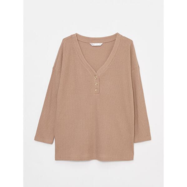 V Yaka Kendinden Desenli Uzun Kollu Kadın Pijama Üst