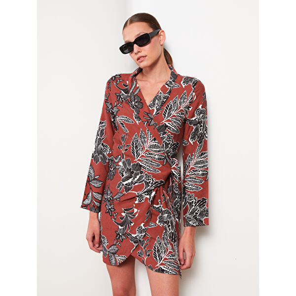 Kruvaze Yaka Desenli Uzun Kollu Kadın Elbise