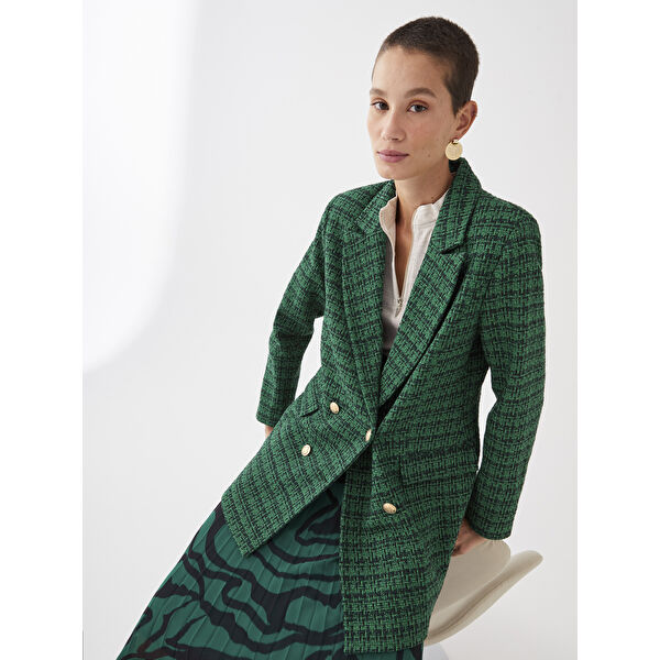 Önden Düğme Kapamalı Ekose Uzun Kollu Kadın Ceket