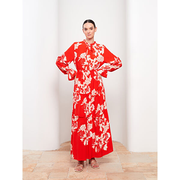 Bağlamalı Yaka Desenli Uzun Kollu Viskon Kadın Elbise