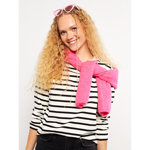 Bisiklet Yaka Çizgili Uzun Kollu Pamuklu Kadın Tişört