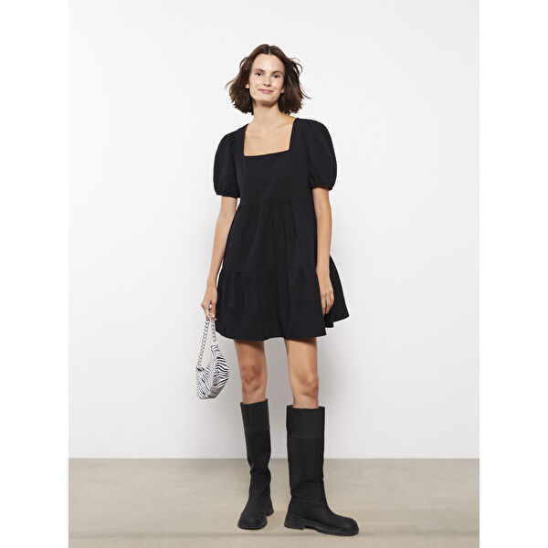 Kare Yaka Düz Kısa Kollu Kadın Elbise