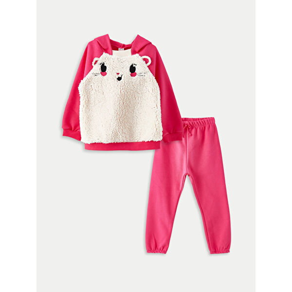 Kapüşonlu Uzun Kollu Nakış Detaylı Kız Bebek Sweatshirt ve Pantolon 2'li Takım