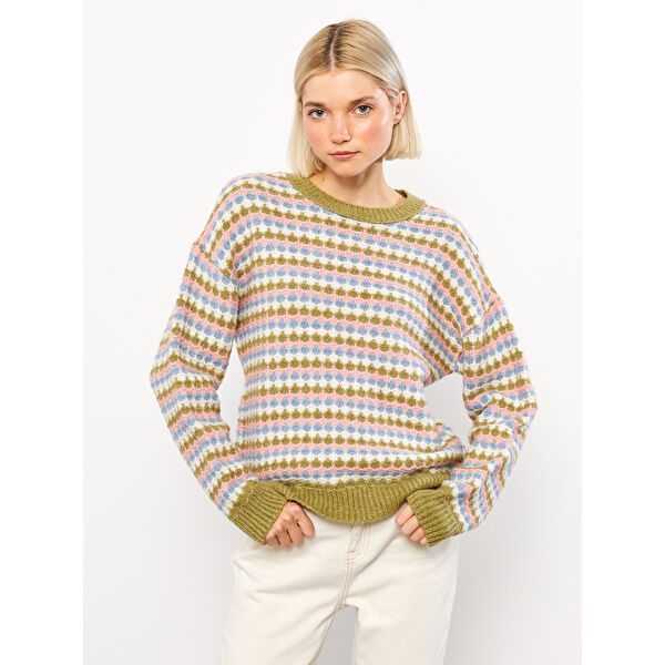 Bisiklet Yaka Desenli Uzun Kollu Kadın Triko Kazak Bisiklet Yaka Desenli Uzun Kollu Kadın Triko Kazak