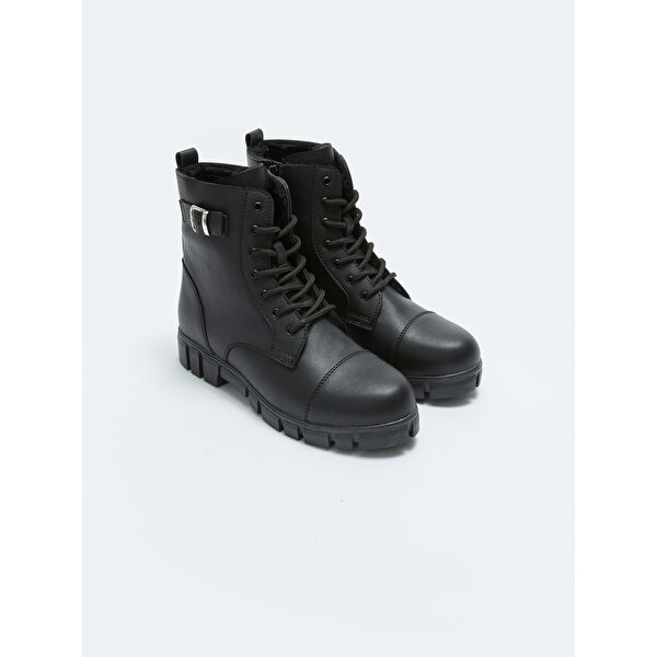 Deri Görünümlü Bağcıklı Kadın Kar Botu