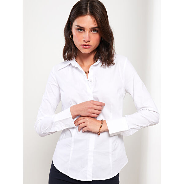 Önden Düğme Kapamalı Düz Uzun Kollu Poplin Kadın Gömlek