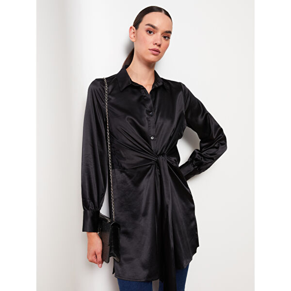 Gömlek Yaka Düz Uzun Kollu Saten Kadın Tunik