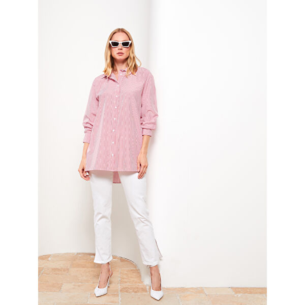 Gömlek Yaka Çizgili Uzun Kollu Kadın Tunik
