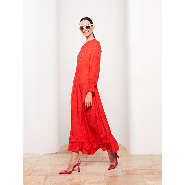 Bisiklet Yaka Desenli Uzun Kollu Saten Kadın Elbise Bisiklet Yaka Desenli Uzun Kollu Saten Kadın Elbise