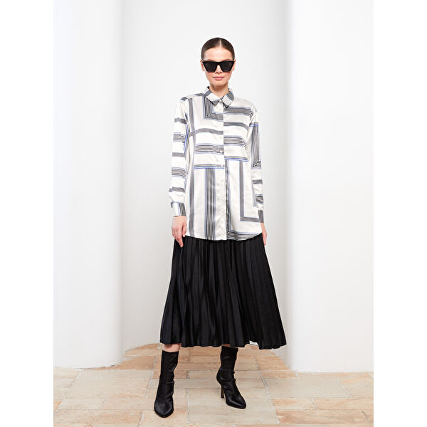 Gömlek Yaka Desenli Uzun Kollu Oversize Saten Kadın Tunik Gömlek Yaka Desenli Uzun Kollu Oversize Saten Kadın Tunik