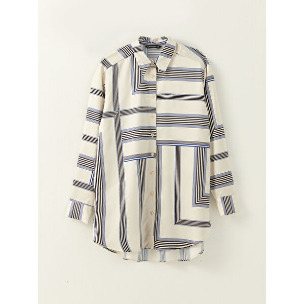 Gömlek Yaka Desenli Uzun Kollu Oversize Saten Kadın Tunik Gömlek Yaka Desenli Uzun Kollu Oversize Saten Kadın Tunik