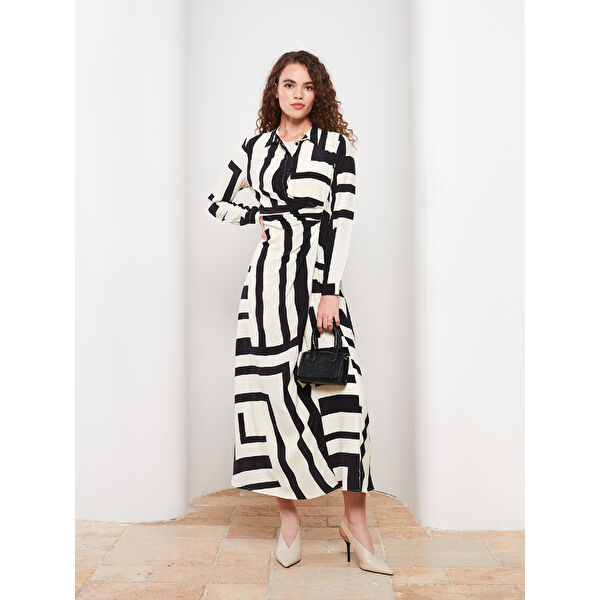 Gömlek Yaka Desenli Uzun Kollu Viskon Kadın Elbise Gömlek Yaka Desenli Uzun Kollu Viskon Kadın Elbise