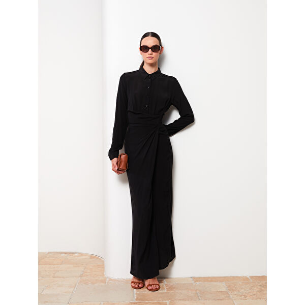 Gömlek Yaka Düz Uzun Kollu Viskon Kadın Elbise