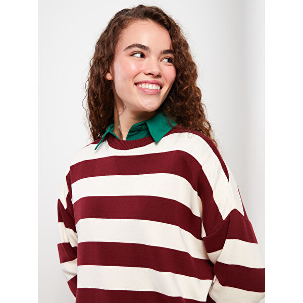 Bisiklet Yaka Çizgili Uzun Kollu Triko Kadın Tunik